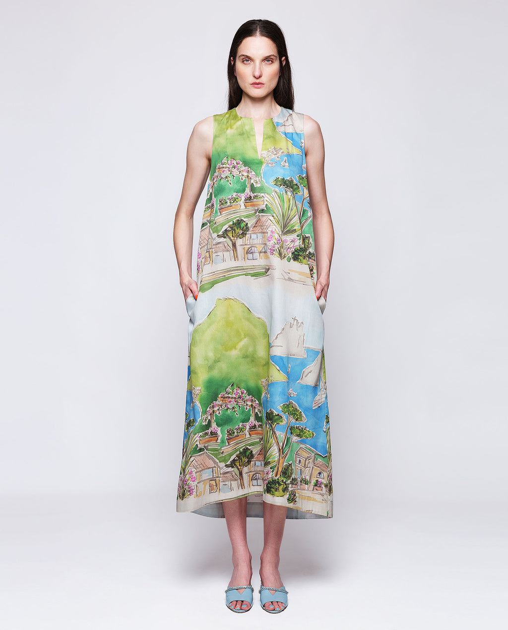 Vestido de algodón estampado pictórico verde – MIRTO